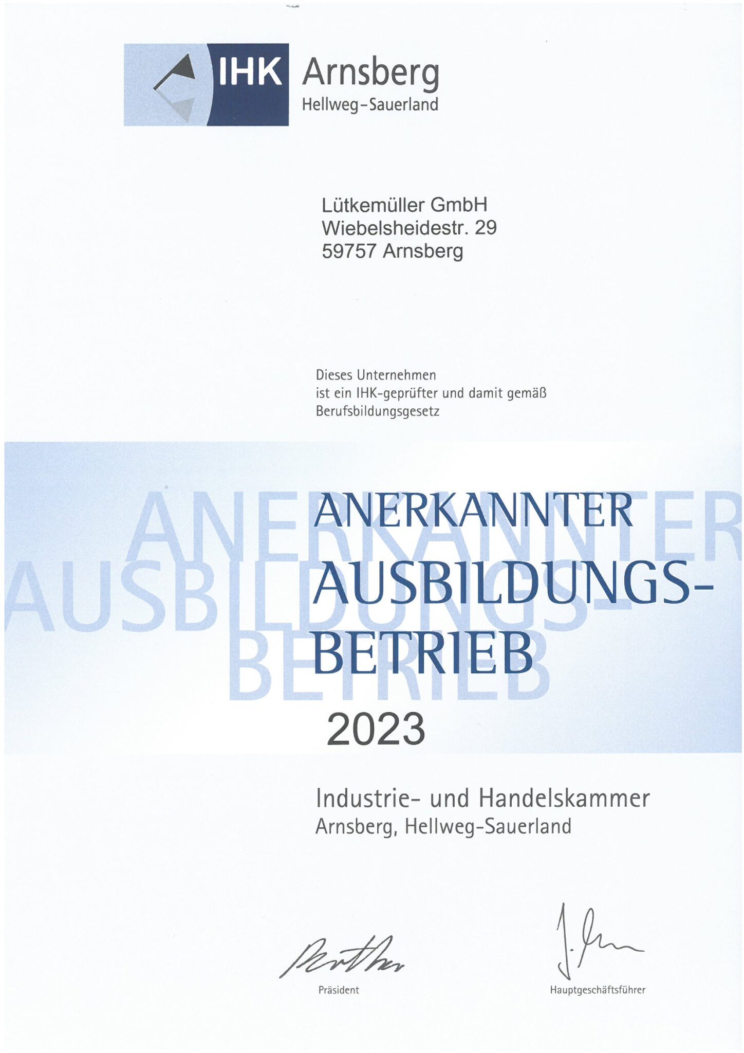 IHK-Zertifikat "Anerkannter Ausbildungsbetrieb 2023" - Lütkemüller GmbH